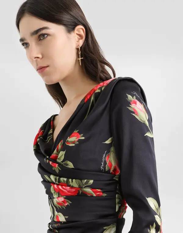 Dolce & Gabbana Rose Bouquet-print Draped Satin Dress