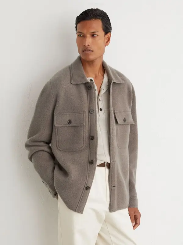 REISS Banstead Brushed Wool Button-through Relaxed Overshirt - Taupe Brown