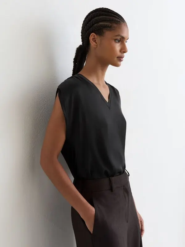 REISS Renita Silk-front Sleeveless V-neck Top - Black