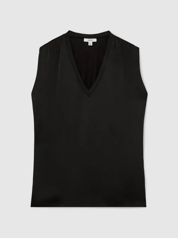 REISS Renita Silk-front Sleeveless V-neck Top - Black
