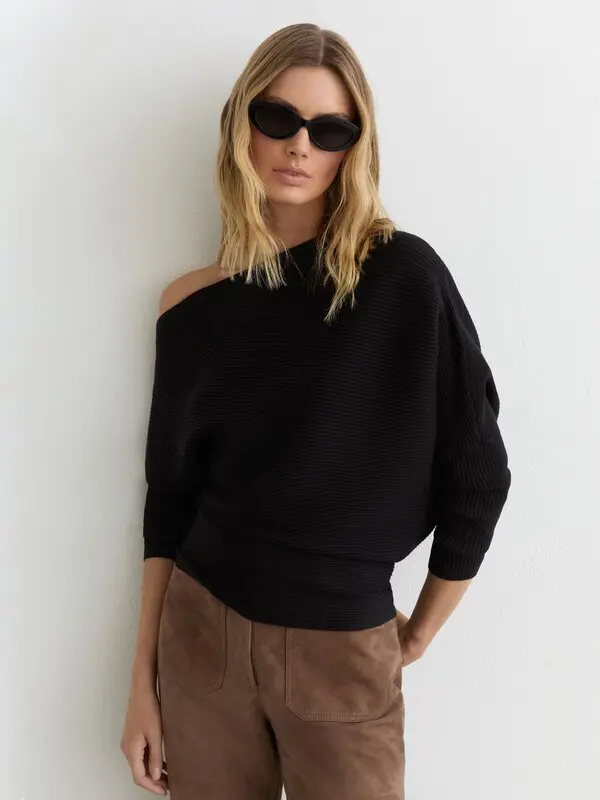 REISS Asymmetric Draped Knitted Jumper - Black