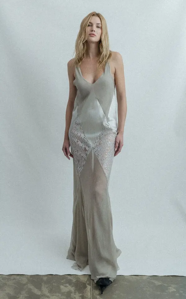 AURELIANA Alexia Silk Satin Slip Maxi Dress - Light Grey