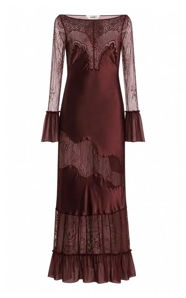 SLEEPING WITH JACQUES Erica Silk Satin Lace Maxi Dress - Brown
