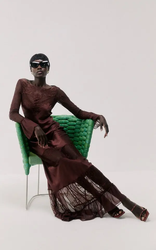 SLEEPING WITH JACQUES Erica Silk Satin Lace Maxi Dress