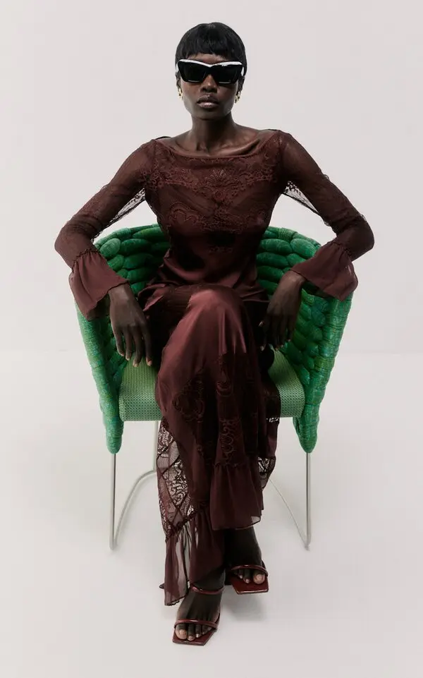SLEEPING WITH JACQUES Erica Silk Satin Lace Maxi Dress
