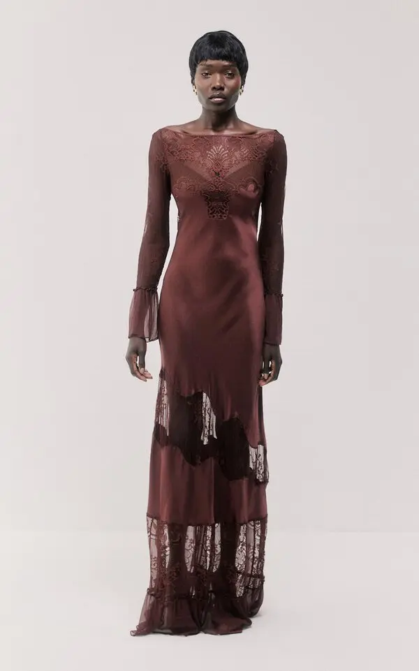 SLEEPING WITH JACQUES Erica Silk Satin Lace Maxi Dress