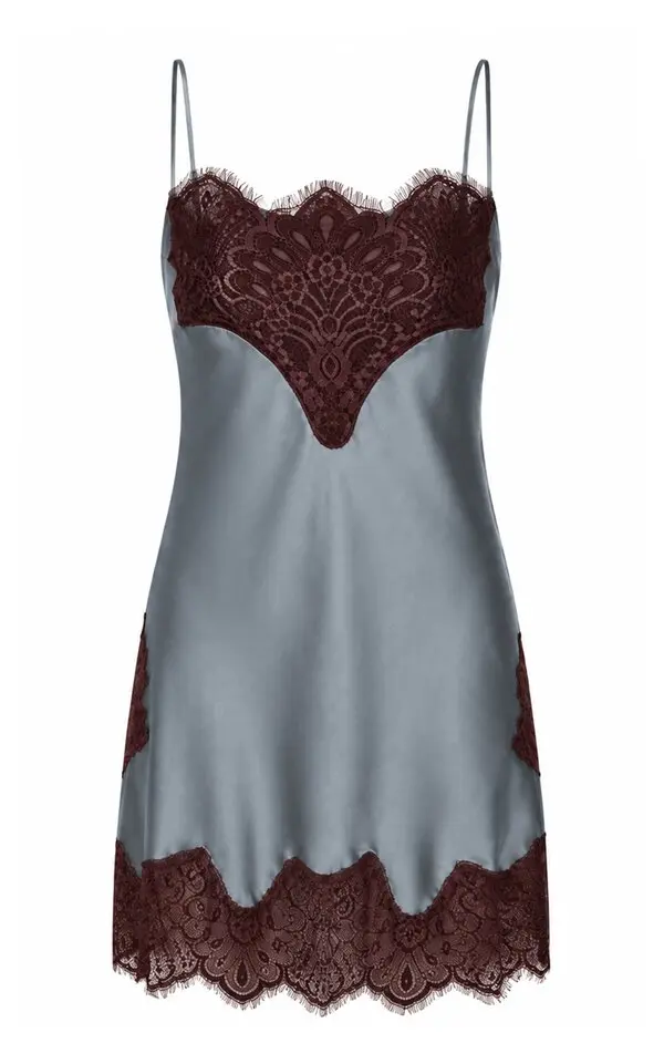 SLEEPING WITH JACQUES Nadia Silk Lace Mini Slip Dress - Blue