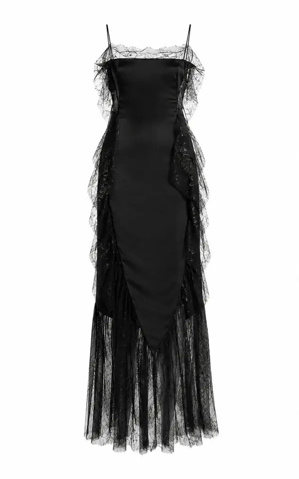 SANDRA MANSOUR Shadowplay Satin Lace Maxi Dress