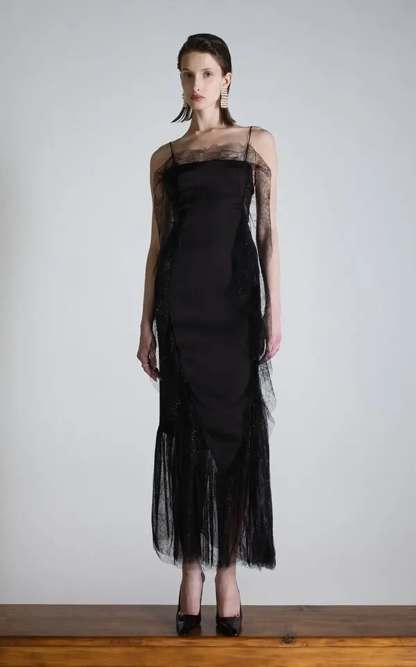 SANDRA MANSOUR Shadowplay Satin Lace Maxi Dress