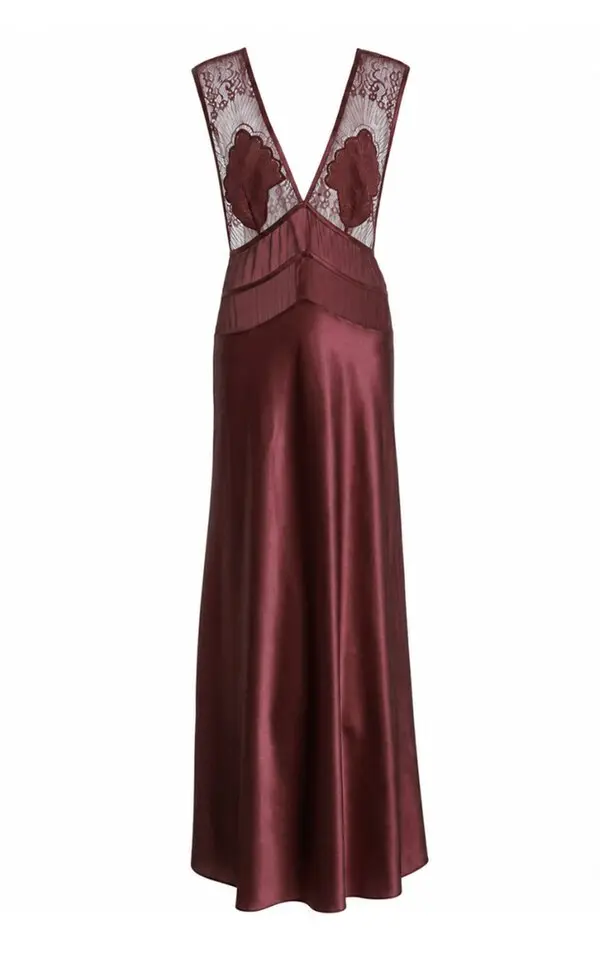 SLEEPING WITH JACQUES Pascal Silk Satin Lace Maxi Slip Dress - Brown