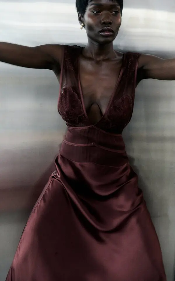 SLEEPING WITH JACQUES Pascal Silk Satin Lace Maxi Slip Dress - Brown