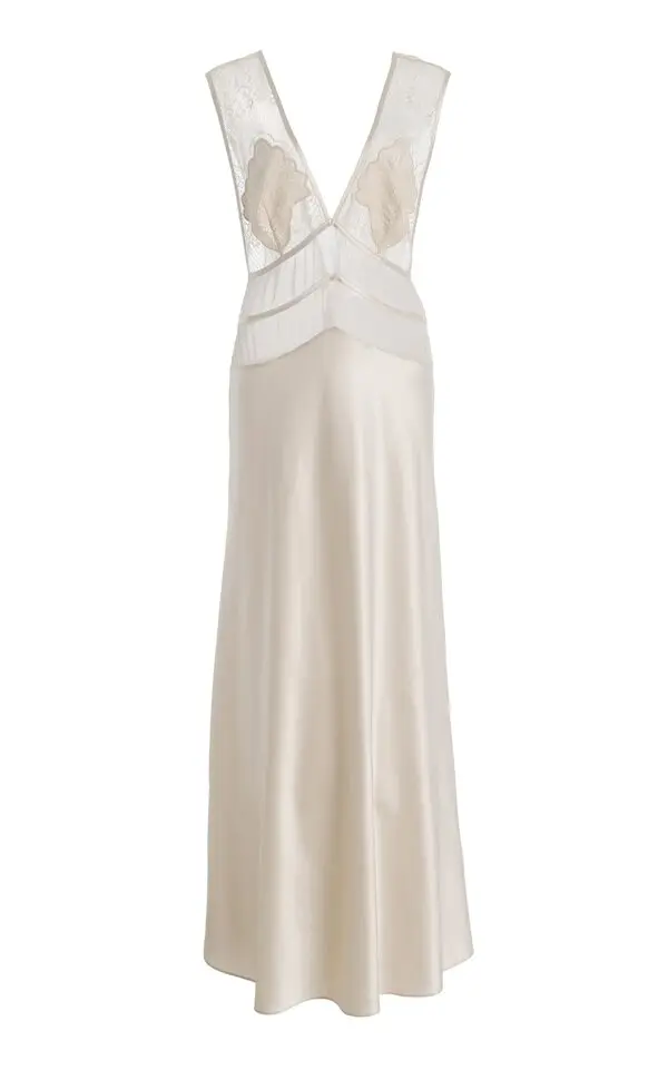 SLEEPING WITH JACQUES Pascal Silk Satin Lace Maxi Slip Dress - Ivory