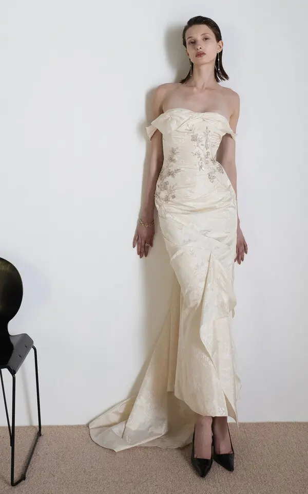 SANDRA MANSOUR Breathless Silk Brocade Strapless Midi Dress