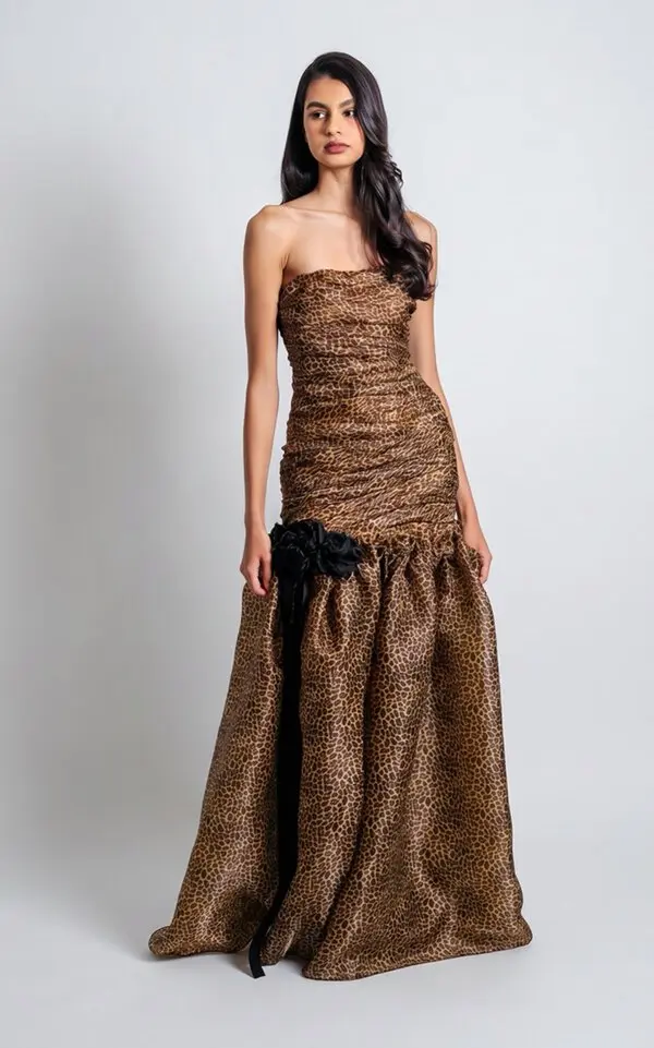 SALMA OSMAN Leopard Print Strapless Maxi Dress