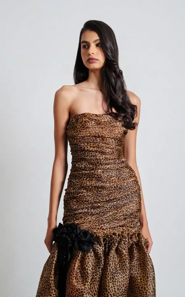 SALMA OSMAN Leopard Print Strapless Maxi Dress
