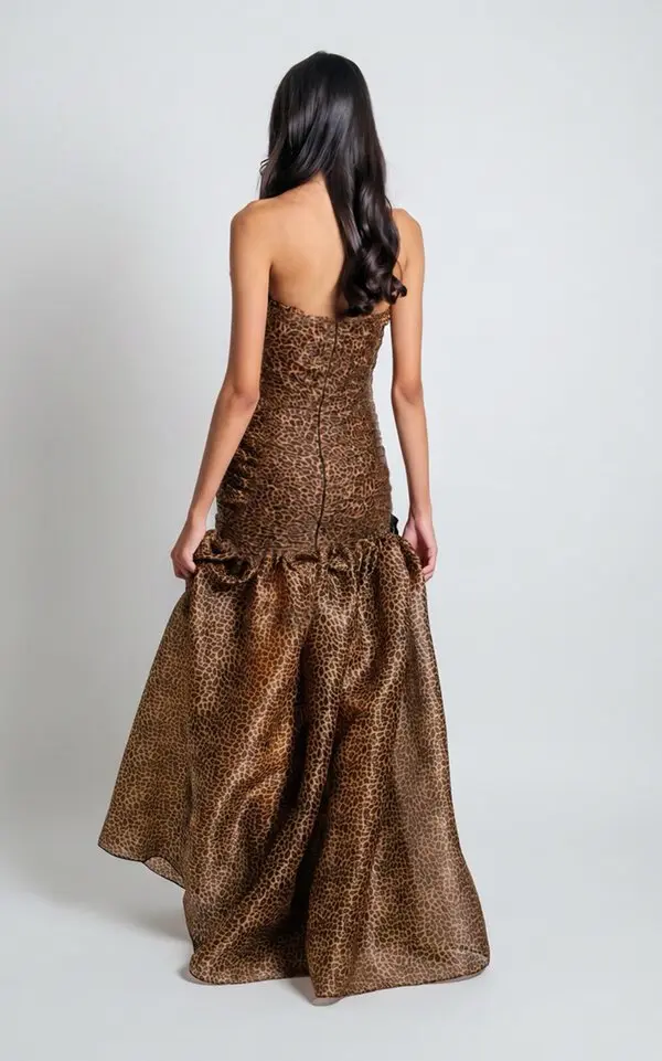 SALMA OSMAN Leopard Print Strapless Maxi Dress