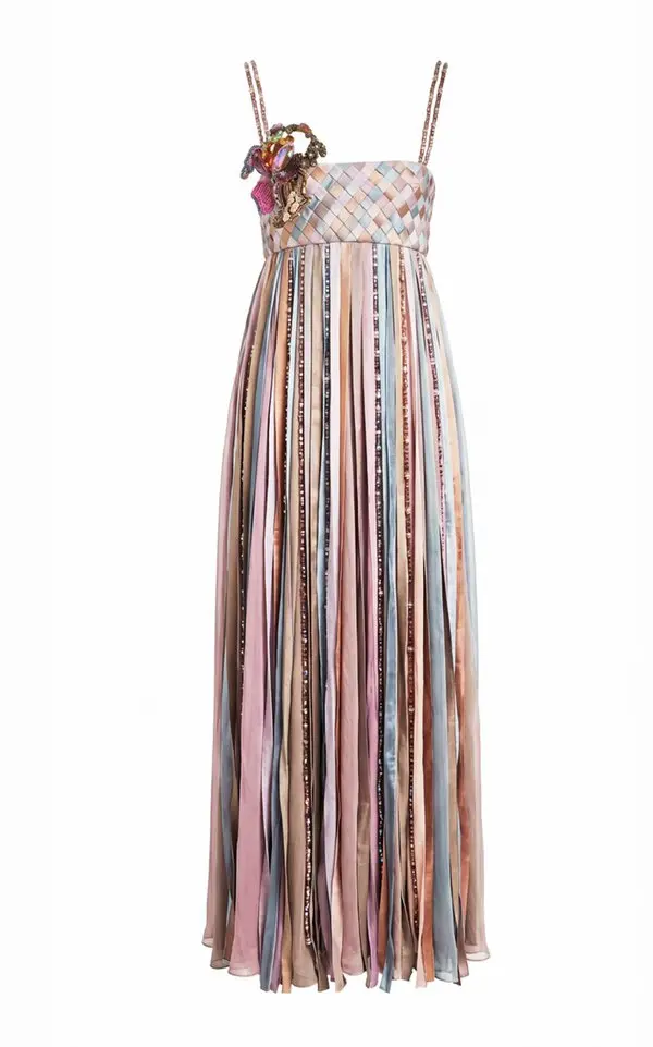 SALMA OSMAN Embellished Chiffon Fringe Maxi Dress