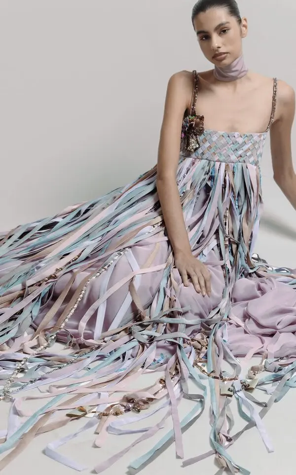 SALMA OSMAN Embellished Chiffon Fringe Maxi Dress
