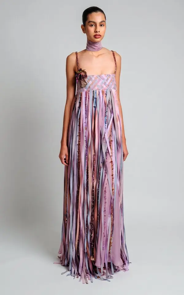 SALMA OSMAN Embellished Chiffon Fringe Maxi Dress