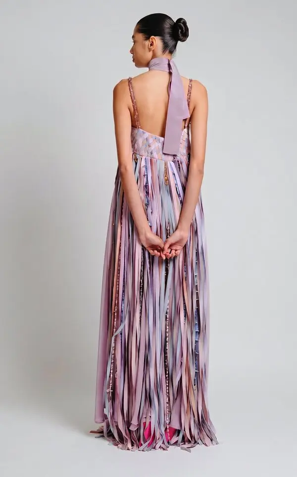 SALMA OSMAN Embellished Chiffon Fringe Maxi Dress