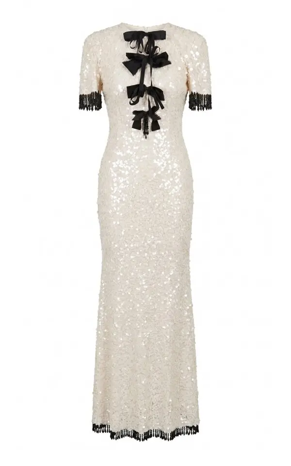 SALMA OSMAN Sequined Embellished Maxi Dress With Bow And Fringe Detail