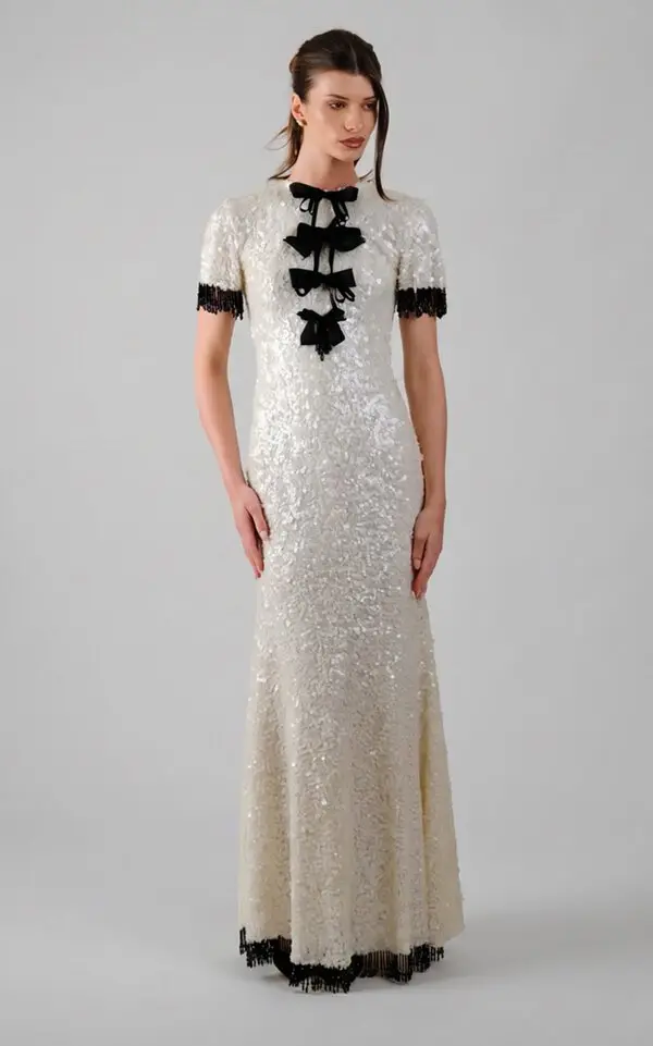 SALMA OSMAN Sequined Embellished Maxi Dress With Bow And Fringe Detail