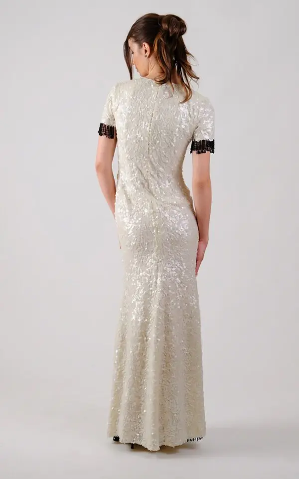 SALMA OSMAN Sequined Embellished Maxi Dress With Bow And Fringe Detail
