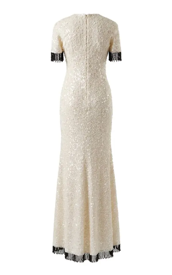 SALMA OSMAN Sequined Embellished Maxi Dress With Bow And Fringe Detail