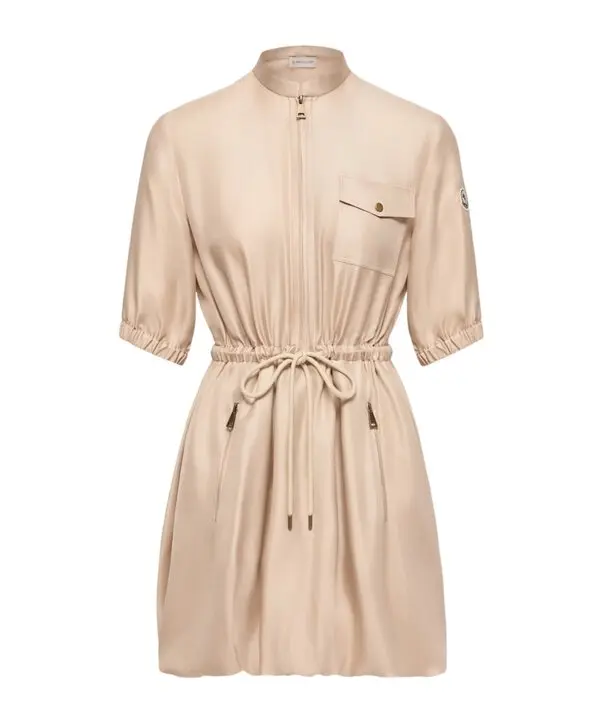 Moncler Silk Twill Mini Shirt Dress With Drawstring Waist - Nude