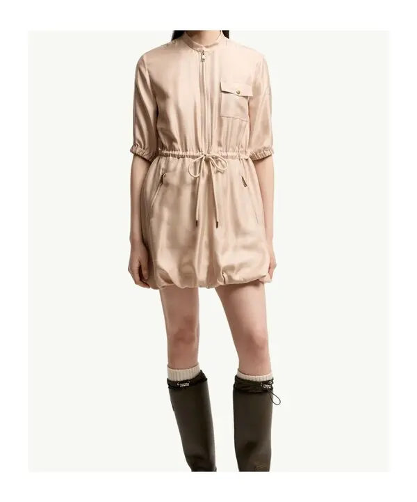 Moncler Silk Twill Mini Shirt Dress With Drawstring Waist - Nude