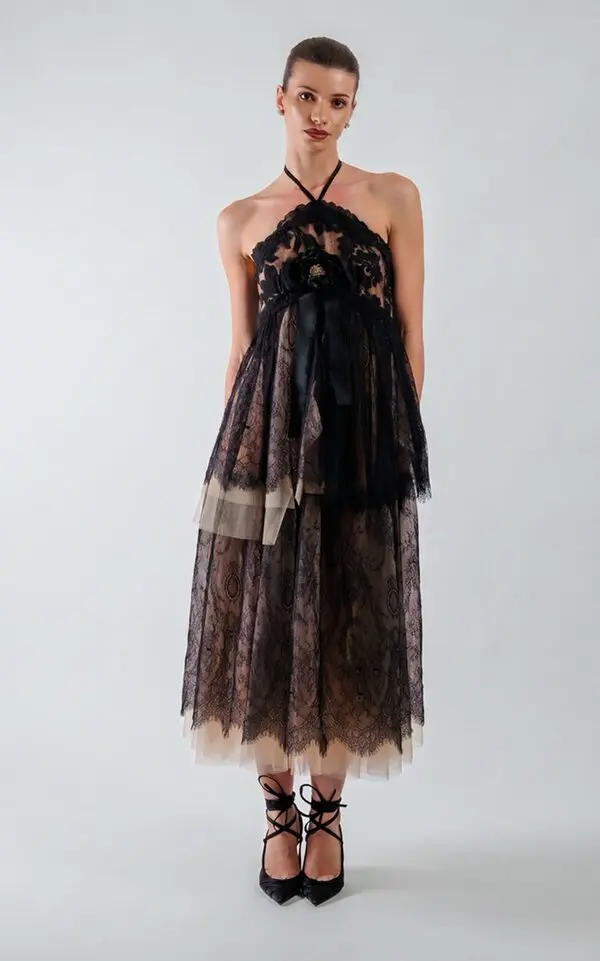 SALMA OSMAN Lace Halter Neck Midi Dress