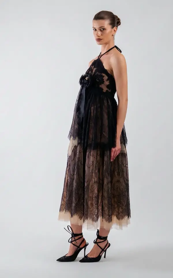 SALMA OSMAN Lace Halter Neck Midi Dress