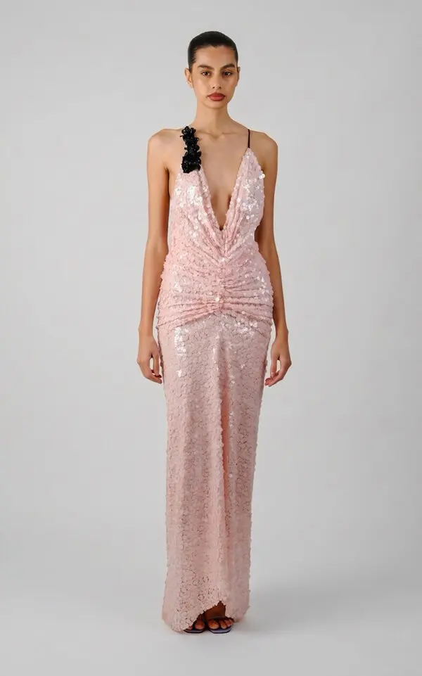 SALMA OSMAN Ruched Embellished Maxi Dress