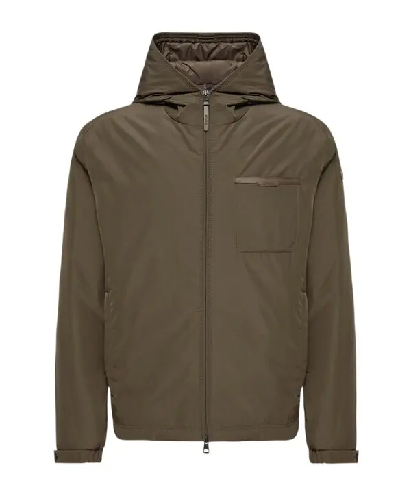 Moncler Hooded Down Jacket With Leather Trim - Olive Green