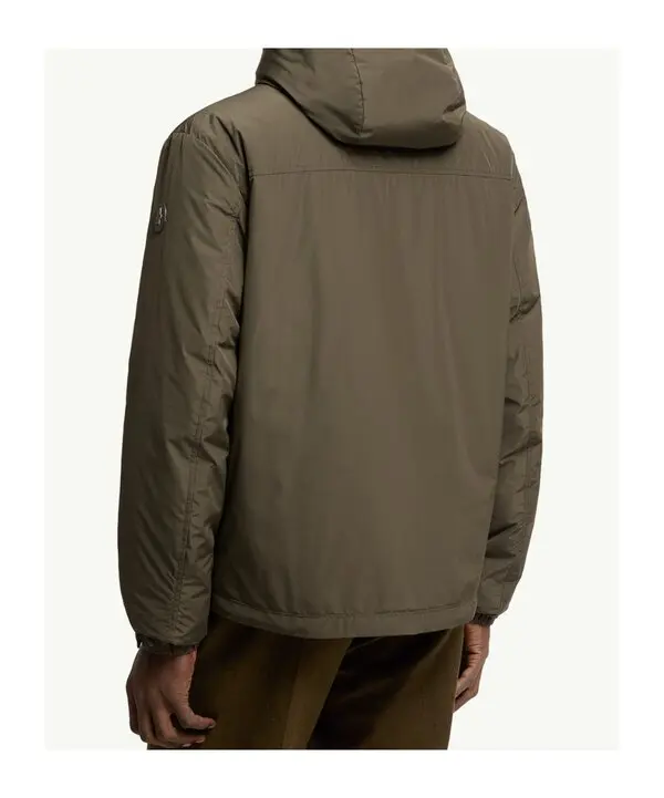 Moncler Hooded Down Jacket With Leather Trim - Olive Green