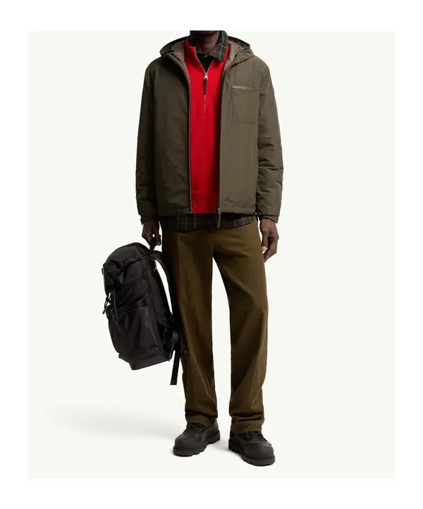 Moncler Hooded Down Jacket With Leather Trim - Olive Green