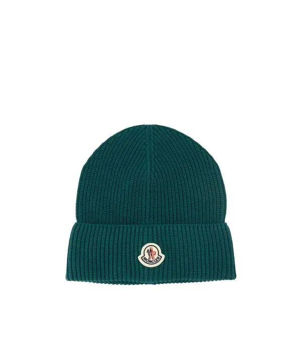 Moncler Logo Patch Knitted Beanie - Green