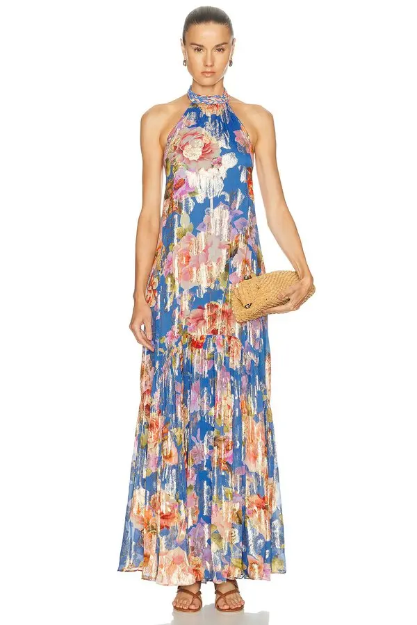 Hemant & Nandita Maxi Dress With Braided Halterneck And Metallic Floral Print