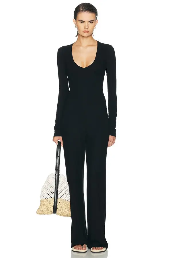 Eterne Long Sleeve Ribbed V-neck Top - Black