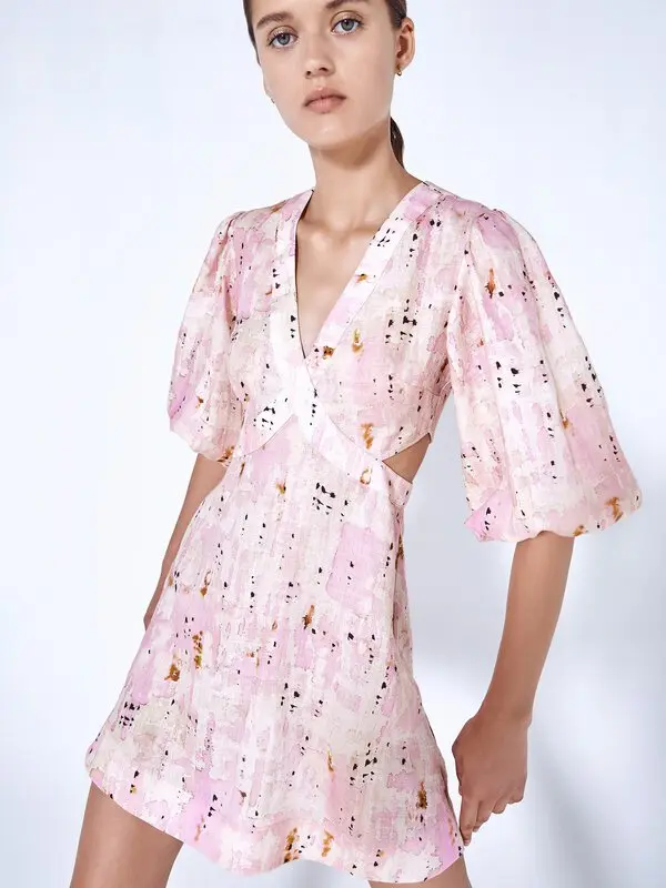 Alexis Linea Linen Dress With Puff Sleeves And Cutout Detail