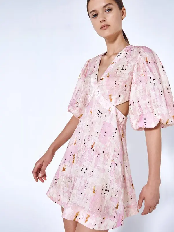 Alexis Linea Linen Dress With Puff Sleeves And Cutout Detail
