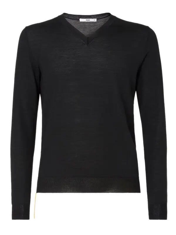 Fendi V-neck Virgin Wool Sweater With Contrast Stitching - Nero
