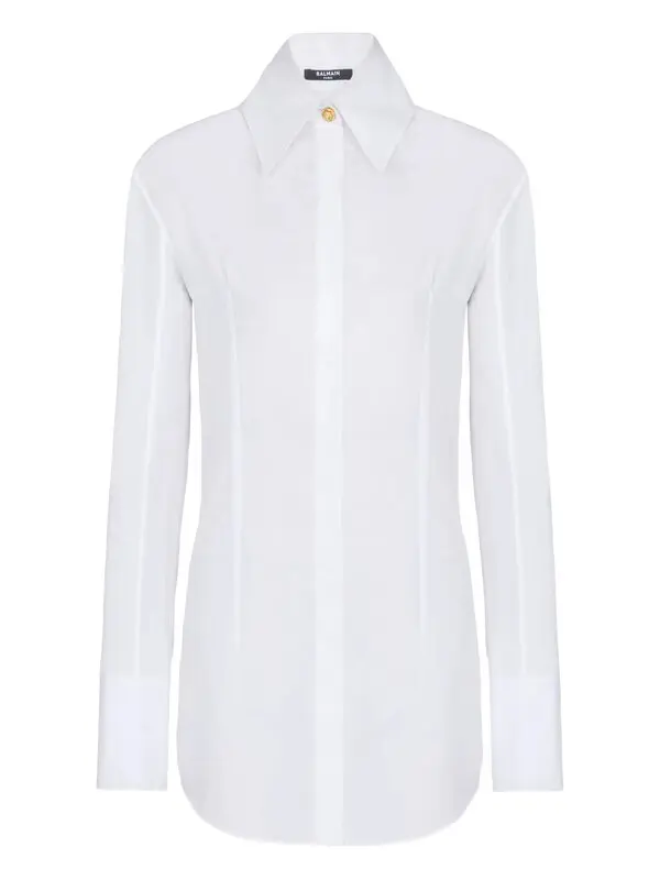 Balmain Wide-peak Collar Button-front Long-sleeve Cotton Top