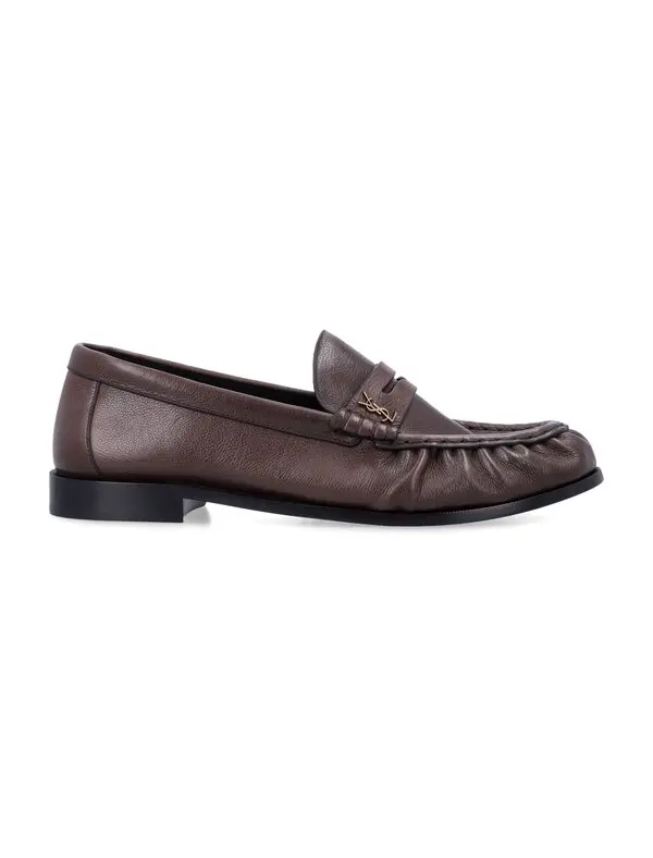 Saint Laurent Matte Calfskin Moc Toe Loafers With Bronze Cassandre Detail - Marrone