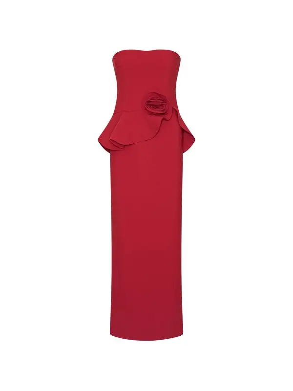 ROTATE BY BIRGER CHRISTENSEN Strapless Maxi Dress With Ruffle Waist Detail And Back Slit - Rosso