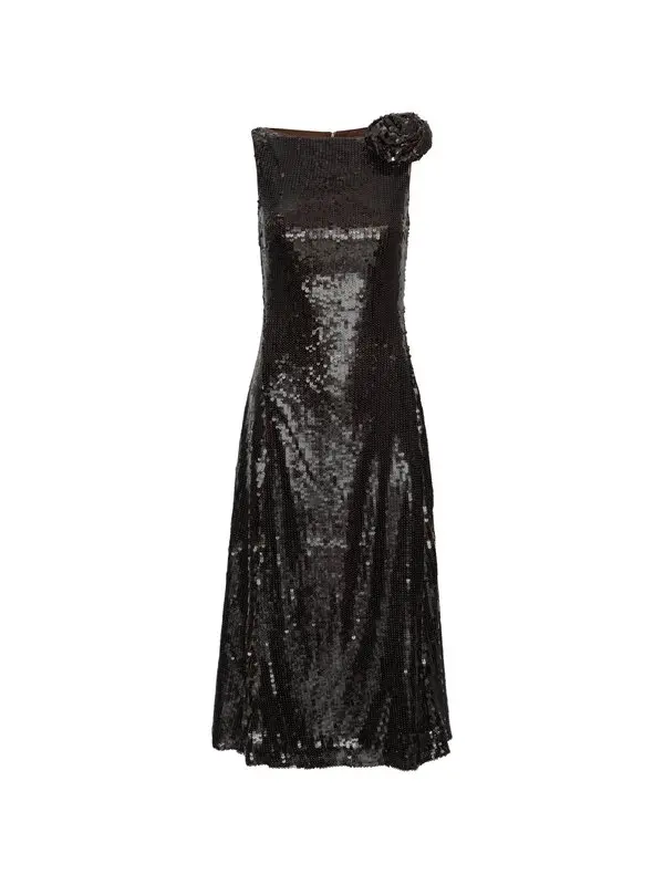 ROTATE BY BIRGER CHRISTENSEN Sequined Midi Flared Dress With Decorative Flower Appliqu - Marrone