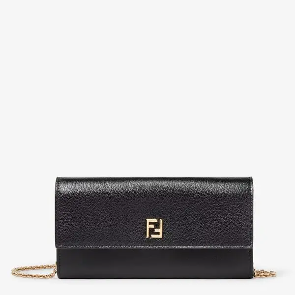 Fendi Leather Flap Wallet Bag With Detachable Chain Shoulder Strap, 10.5 Cm Height X 19 Cm Width X 4 Cm Depth - Nero
