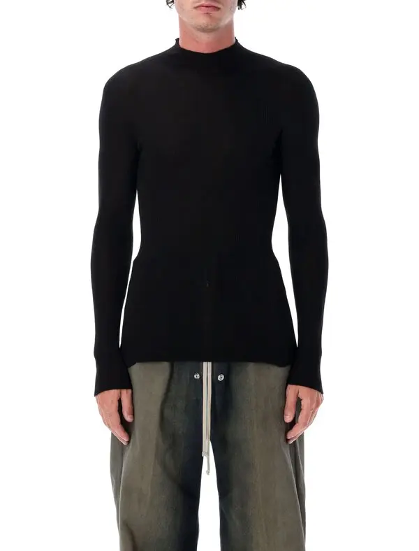 Rick Owens Ribbed Wool Turtleneck Sweater With Center-back Seam - Nero
