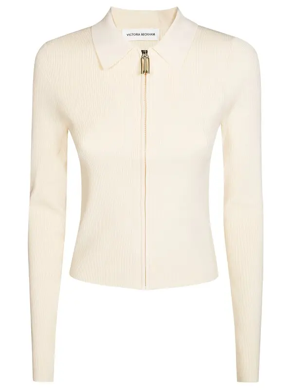 Victoria Beckham Ribbed Knit Zip Polo Top