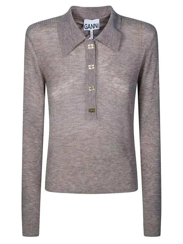 GANNI Ribbed Sheer Wool Polo